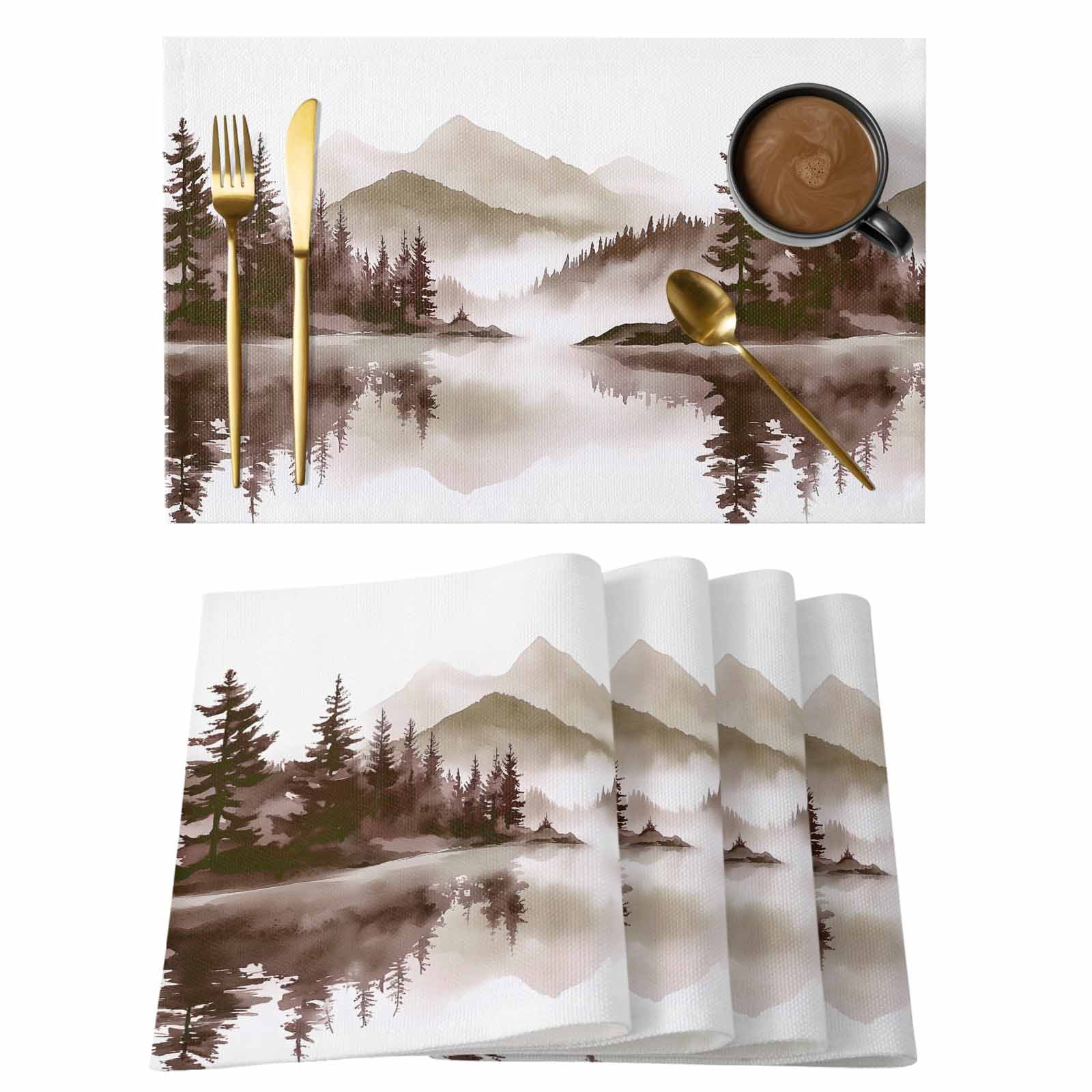 Brown Ink Landscape Placemats Set of 4 Watercolor Lake Forest Place ...