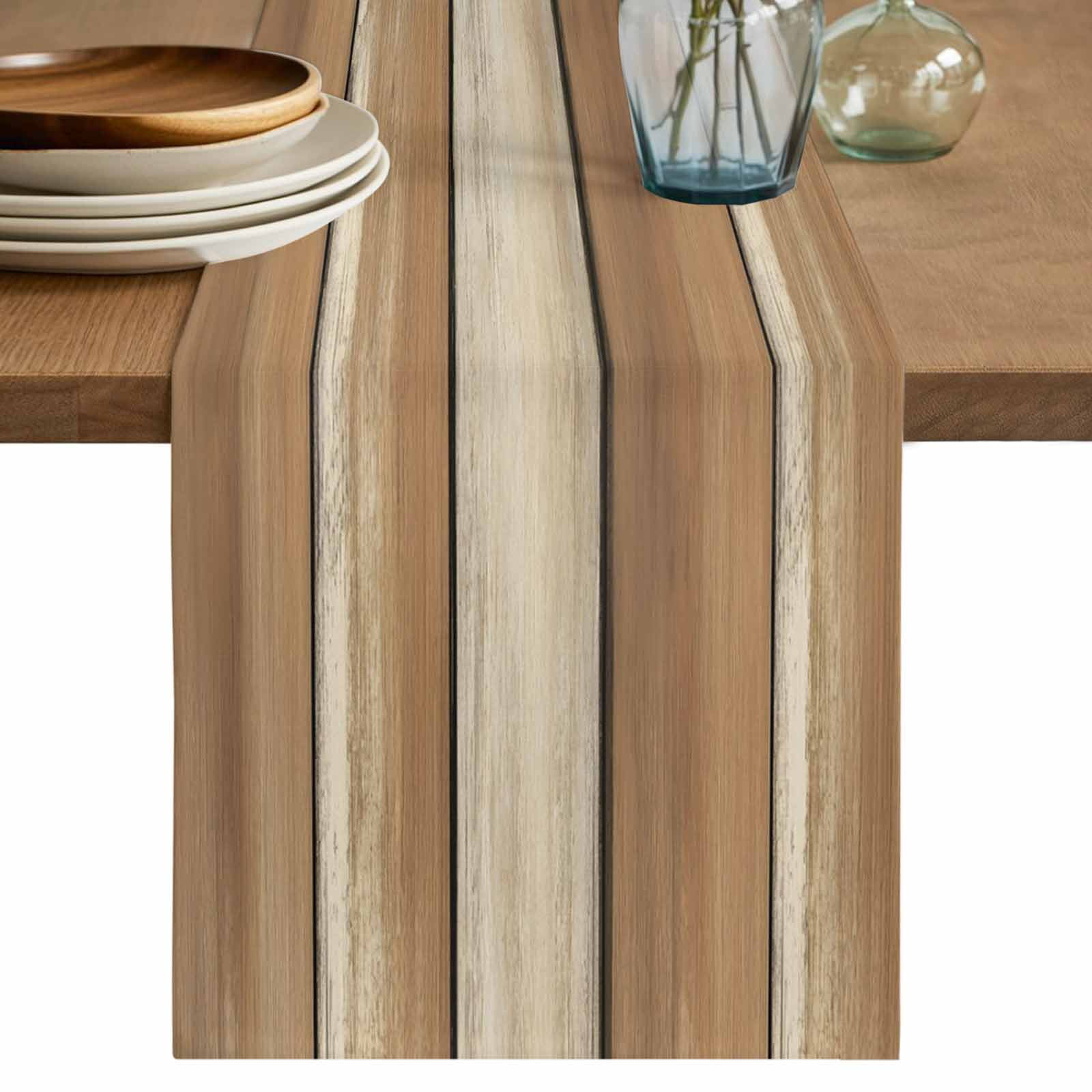 Brown Khaki Wooden Cotton Linen Table Runner for Dining Kitchen ...