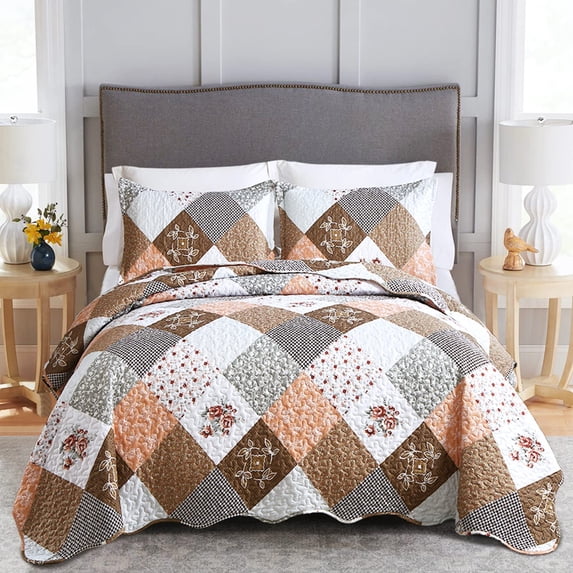 Brown King Size Patchwork Quilt Set, Reversible Softfiber Lightweight ...
