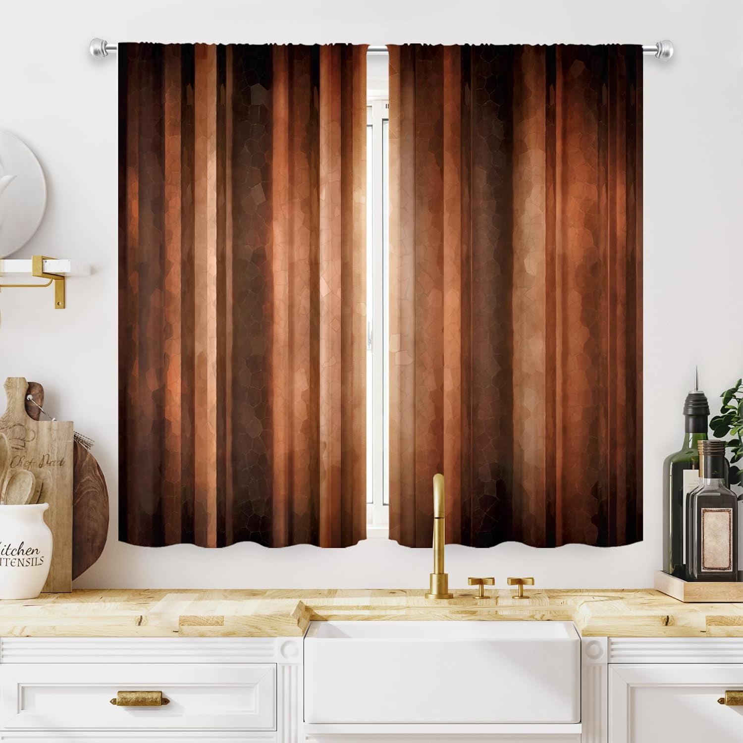 Brown Kitchen Curtains 27.5W x 39H Inch Rod Pocket Vintage Rust Orange ...