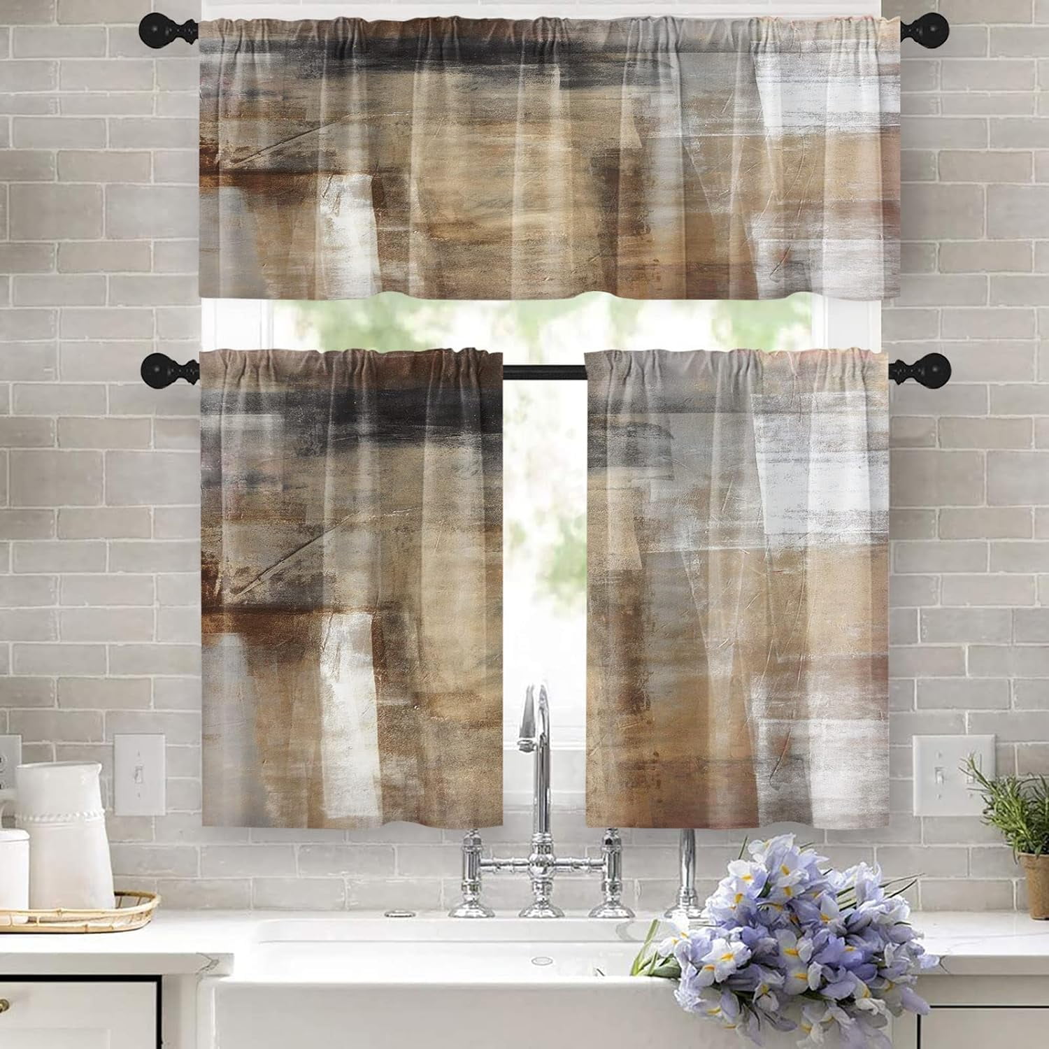 Brown Kitchen Curtains Grey Beige Window Curtains Valance and Tier Set ...