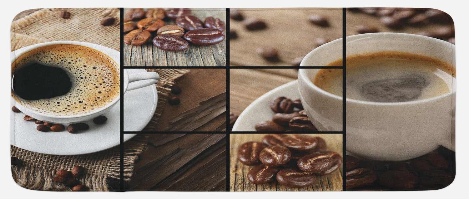 Brown Kitchen Mat, Coffee Themed Collage Close up Mugs Beans on Wooden ...