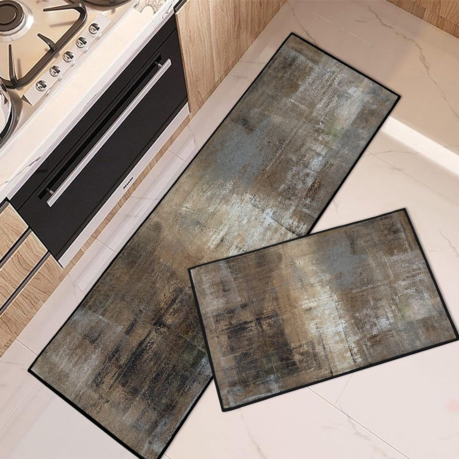 Brown Kitchen Rugs and Mats Non Skid Washable Set of 2, Modern Abstract ...