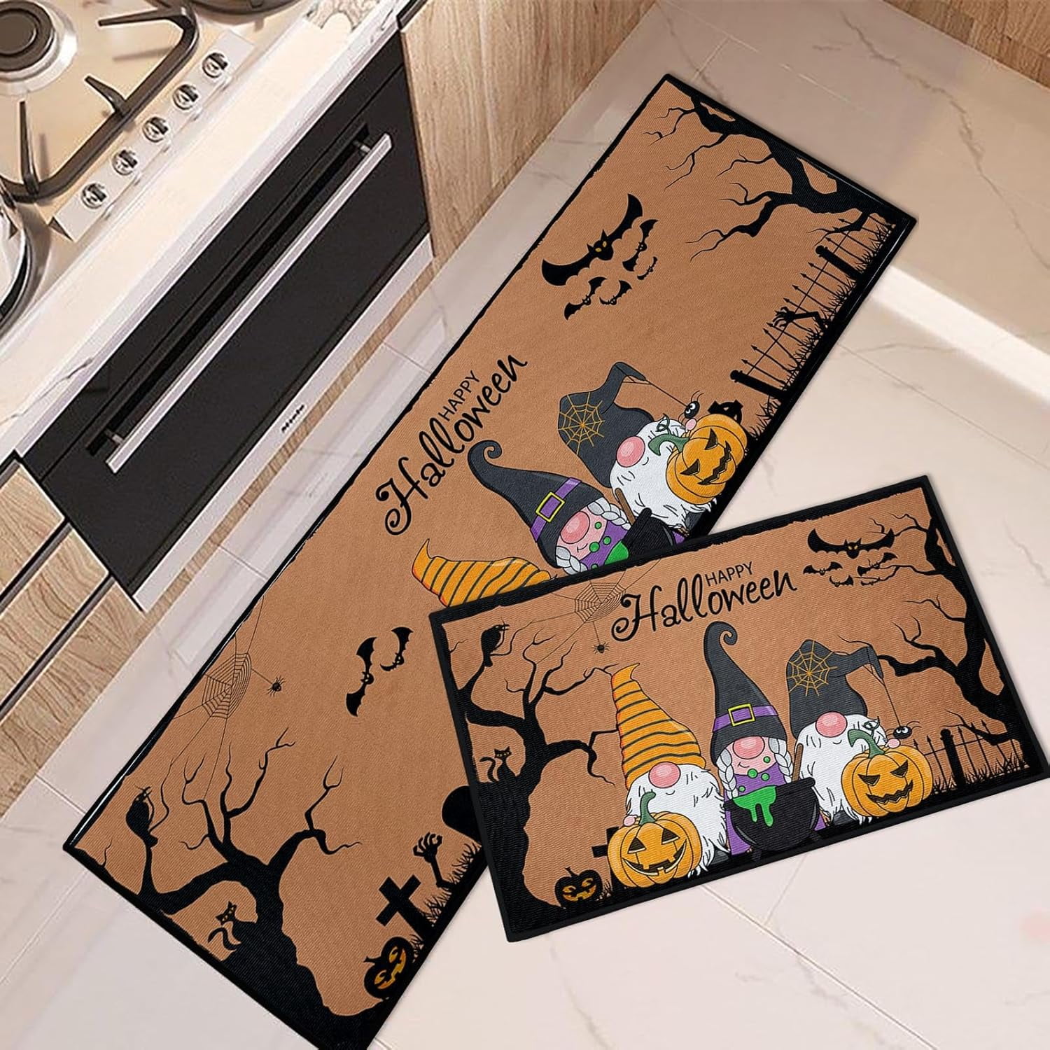 Brown Kitchen Rugs and Mats Non Skid Washable Set of 2, Three Halloween ...