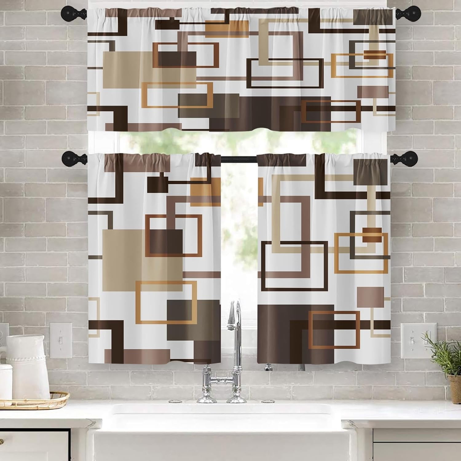 Brown Kitchen Window Curtains Valance and Tier Set 36 Inch, Abstract ...