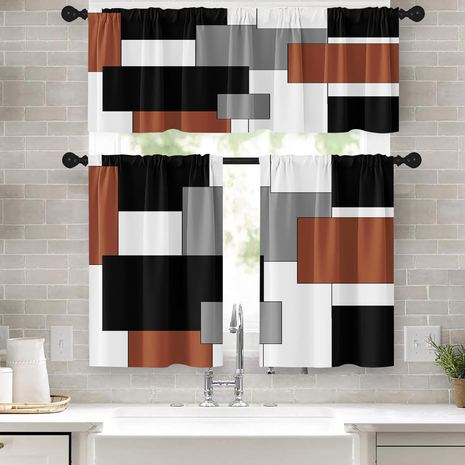 Brown Kitchen Window Curtains Valance and Tier Set 36 Inch, Black Grey ...