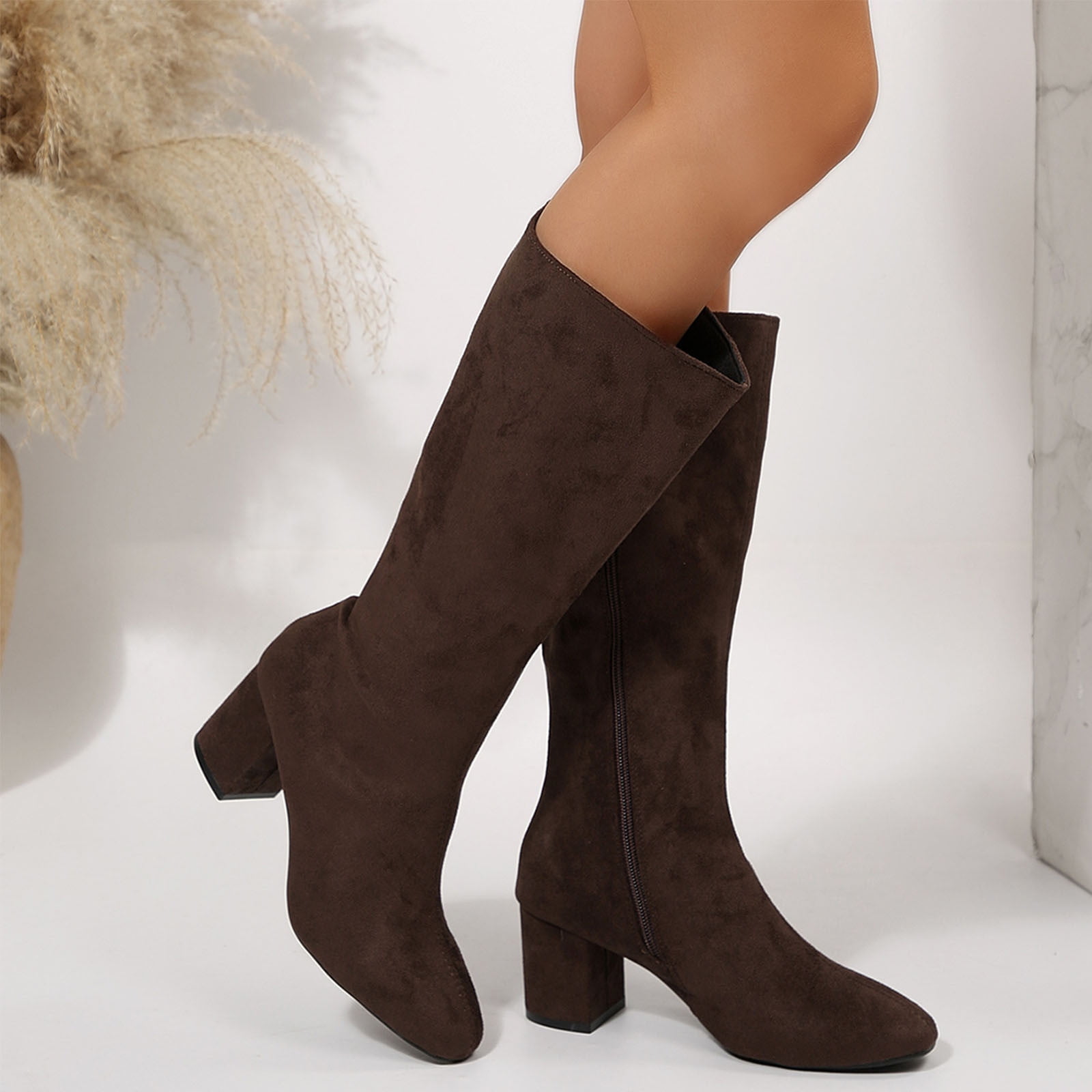 Brown Knee High Boots For Women Side Zipper Chunky Block Heel Pointed ...
