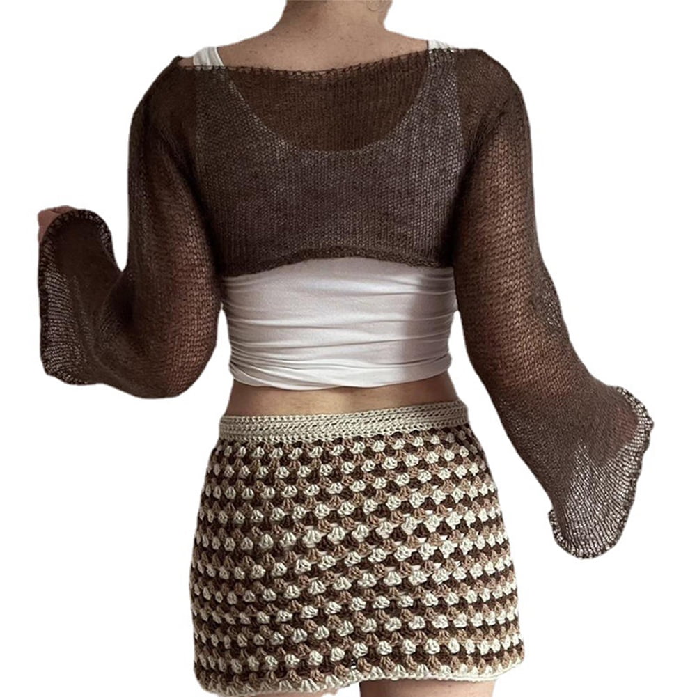 Brown L unisex casual light see-through hollow woolen top women's one ...