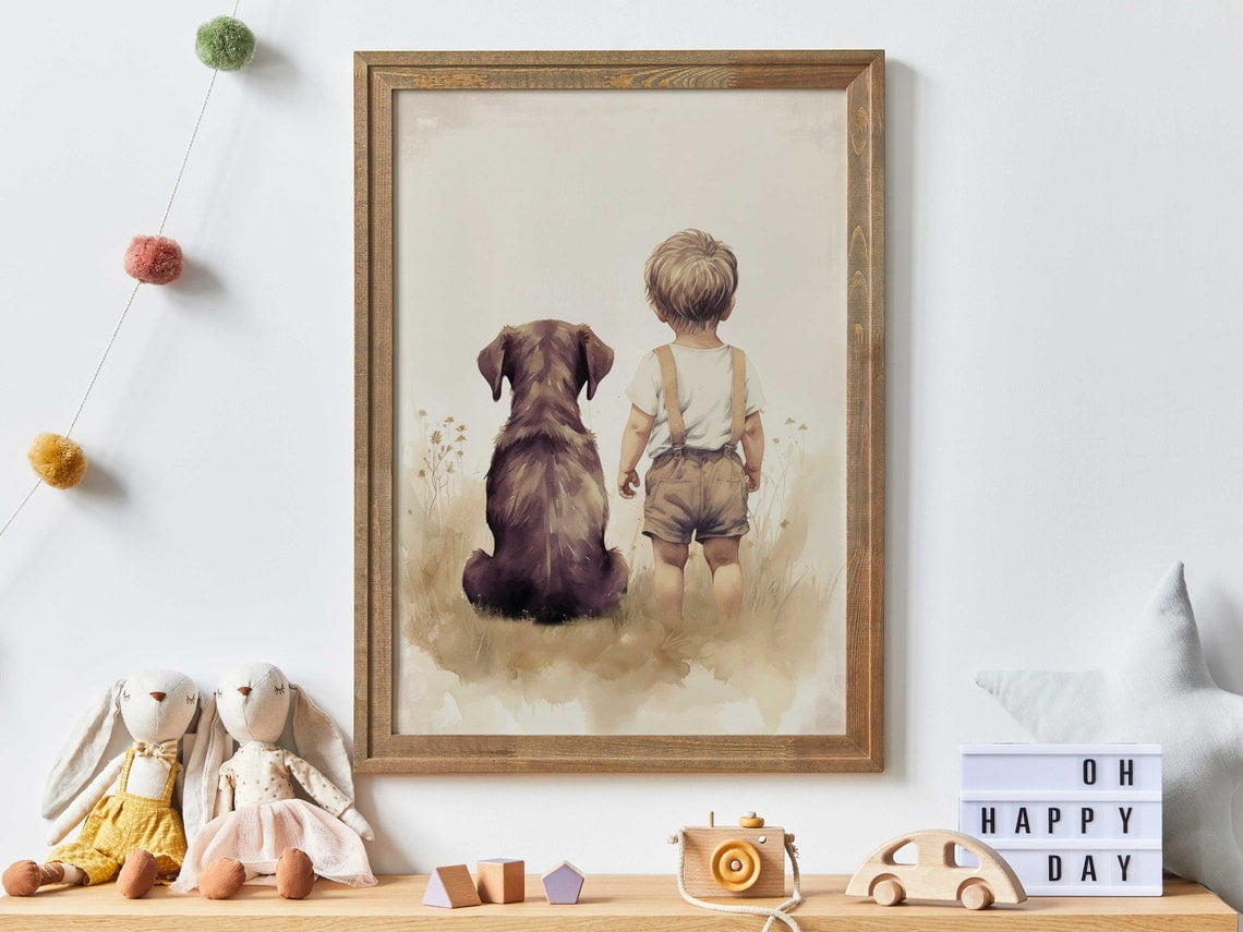 Brown Labrador Nursery Print, Boy & Dog Painting, Dog Decor Boy Nursery, Toddler Room Decor ...