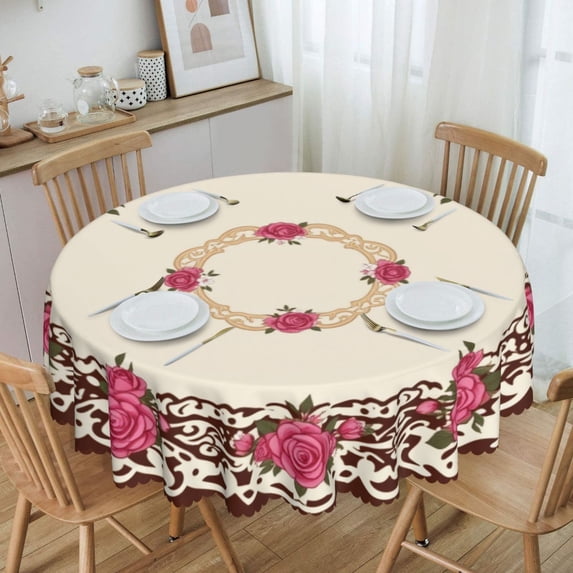 Brown Lace Doily With Pink Roses Round Tablecloth Waterproof Oil Proof ...