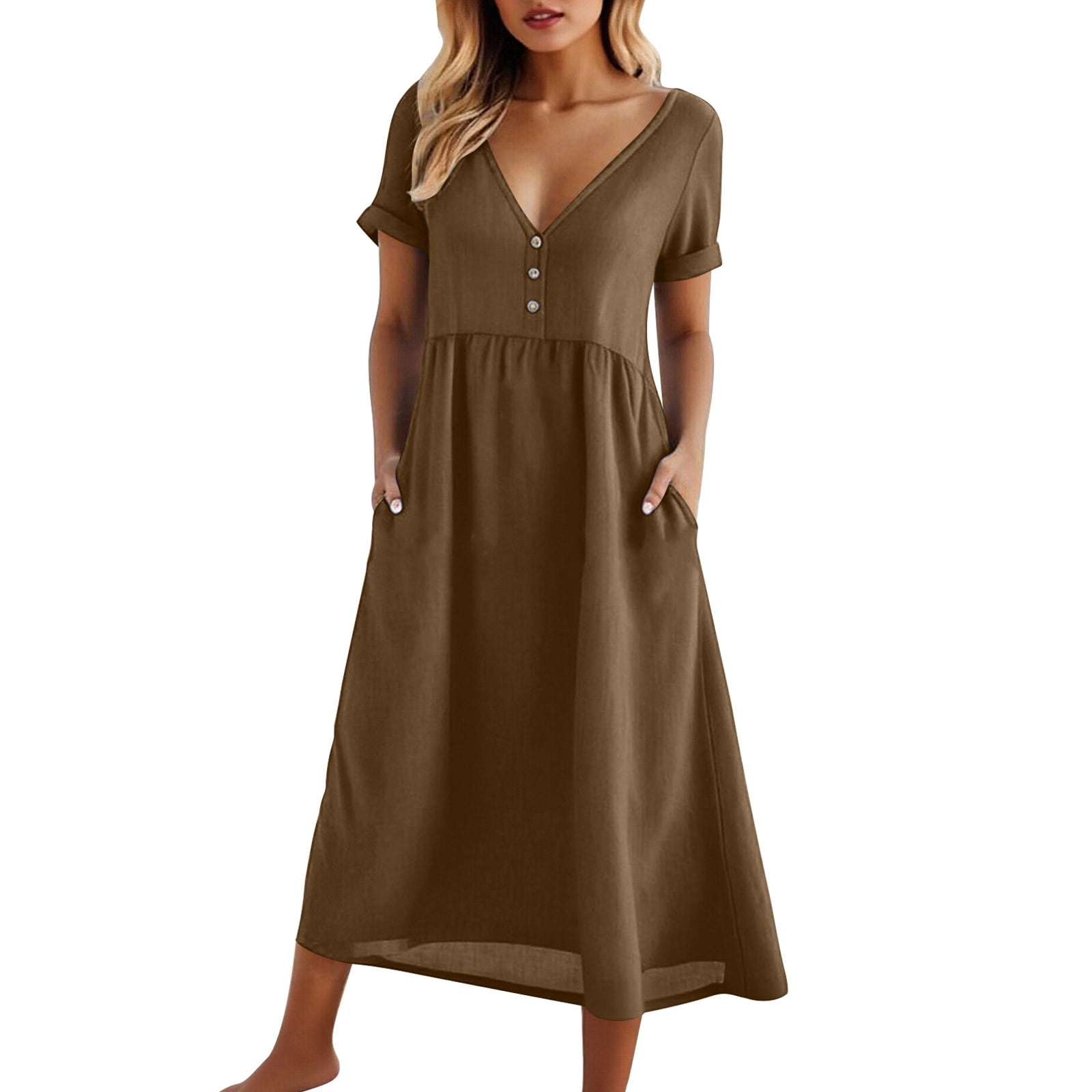 Brown Ladies Basic Mini Petite Long Dresses for Juniors Short Sleeve V ...