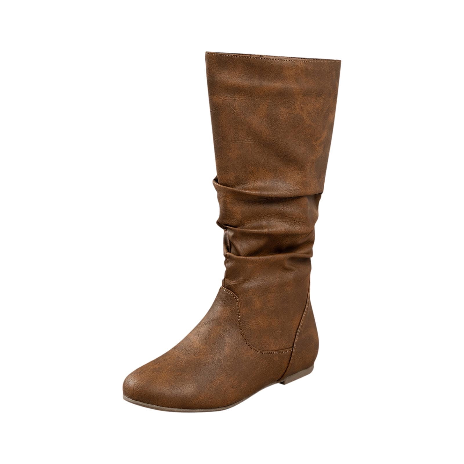 Brown Ladies Boots Casual Pleated Pile Mid-Calf Solid Color Stitching ...