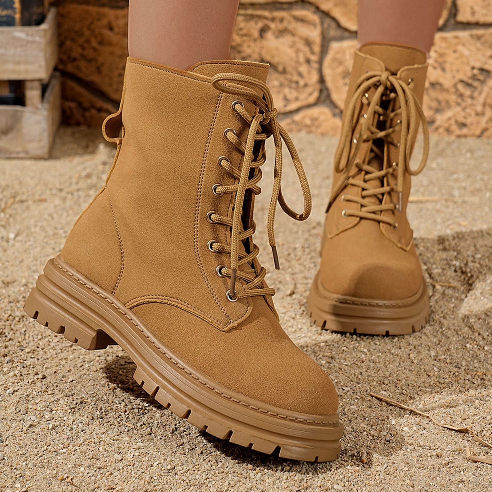 Brown Ladies Casual Ankle Boots With Round Toe And Front Lace-Up Design ...