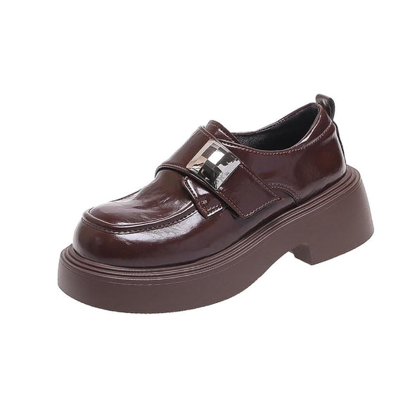 Brown Ladies Casual Round Toe Mid Heel Loafers British Leather Shoes ...