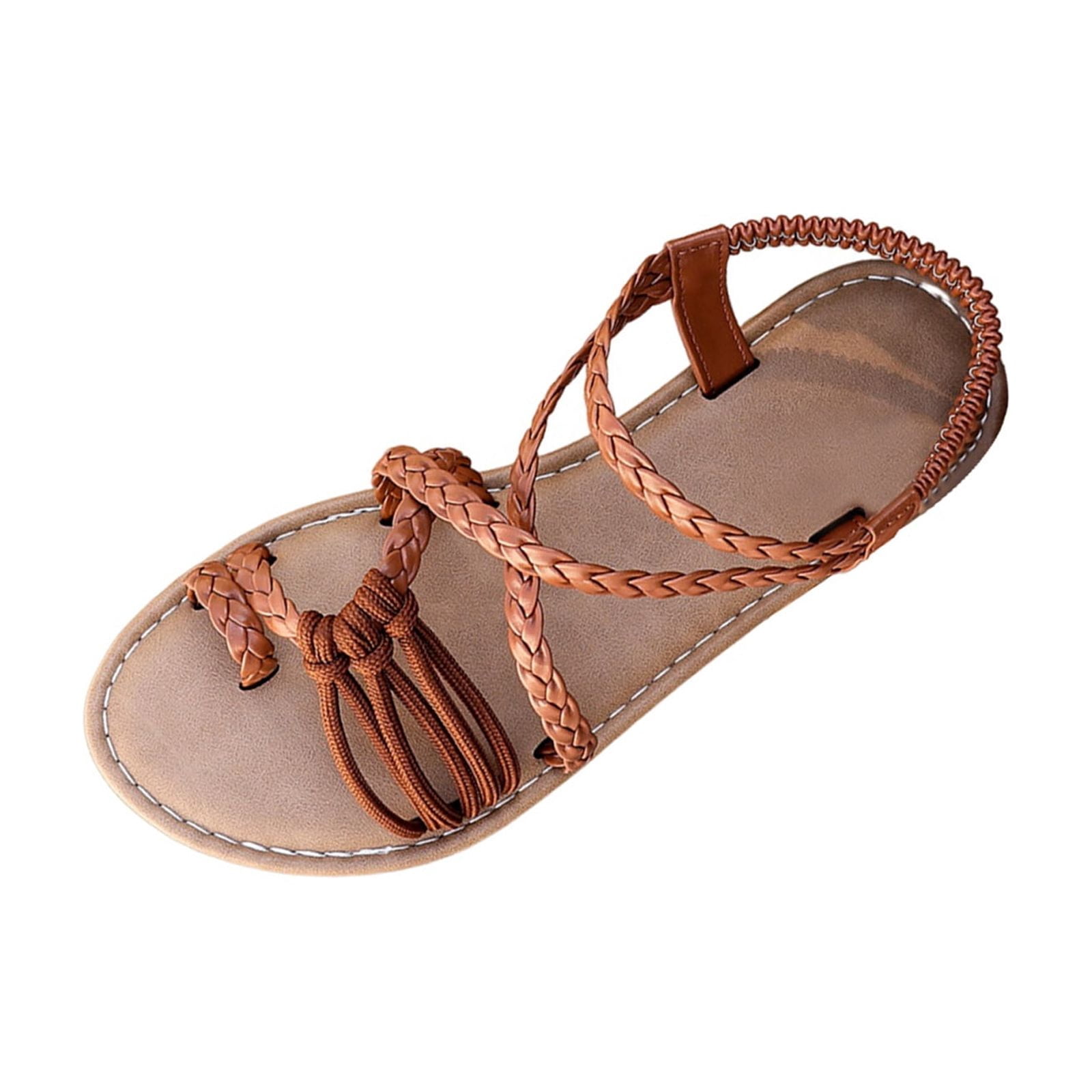 Brown Ladies Chic Flat Sandals With Woven Material Thong Design Round ...