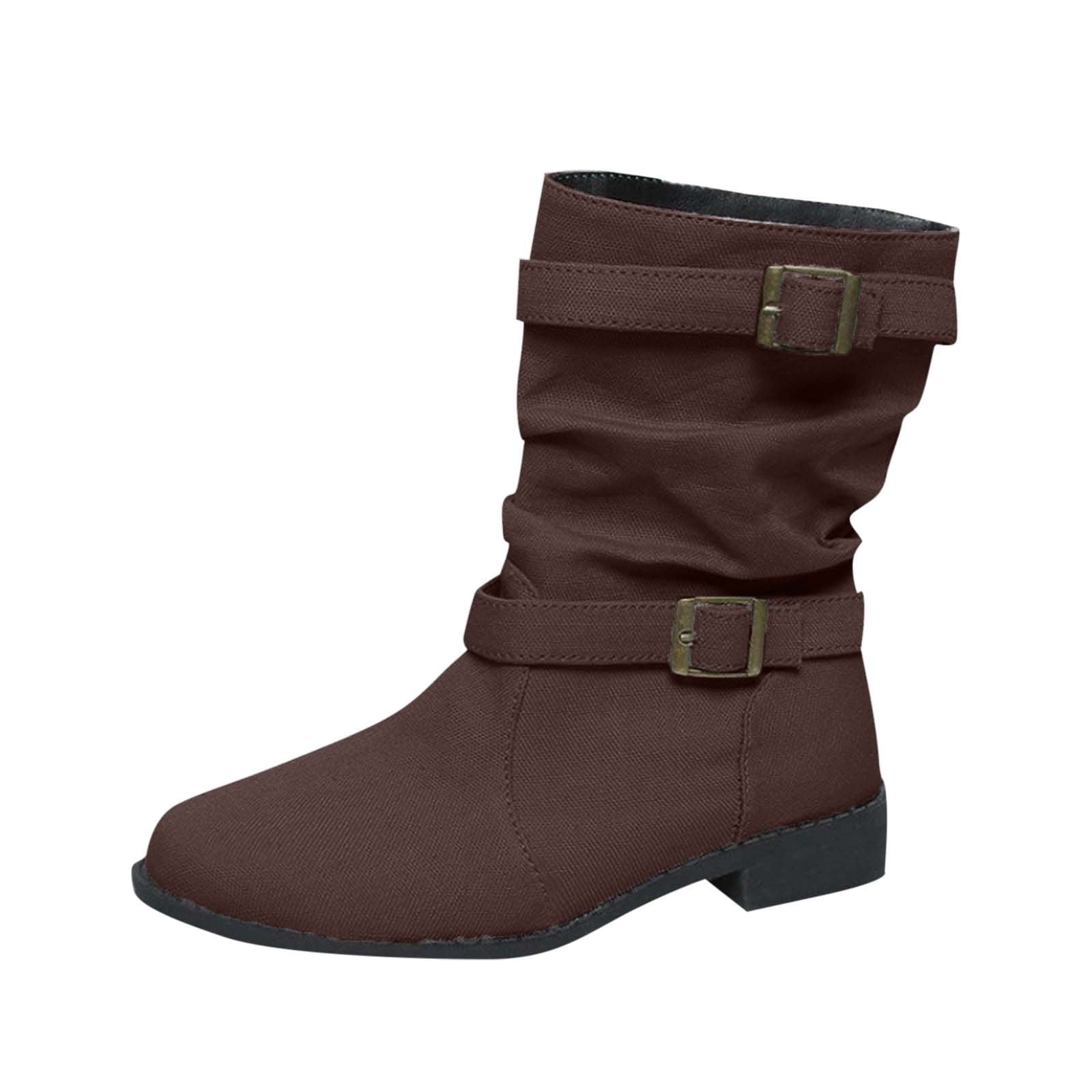 Brown Ladies Chunky Heel Mid Calf Boots With Buckle Strap Denim Upper ...