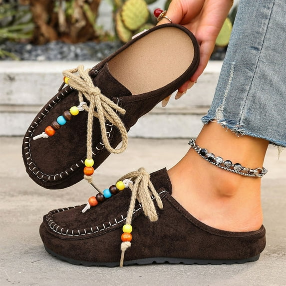 Brown Ladies Flat Shoes Beaded Lace Up Soft Flock Moccasin Stitching ...
