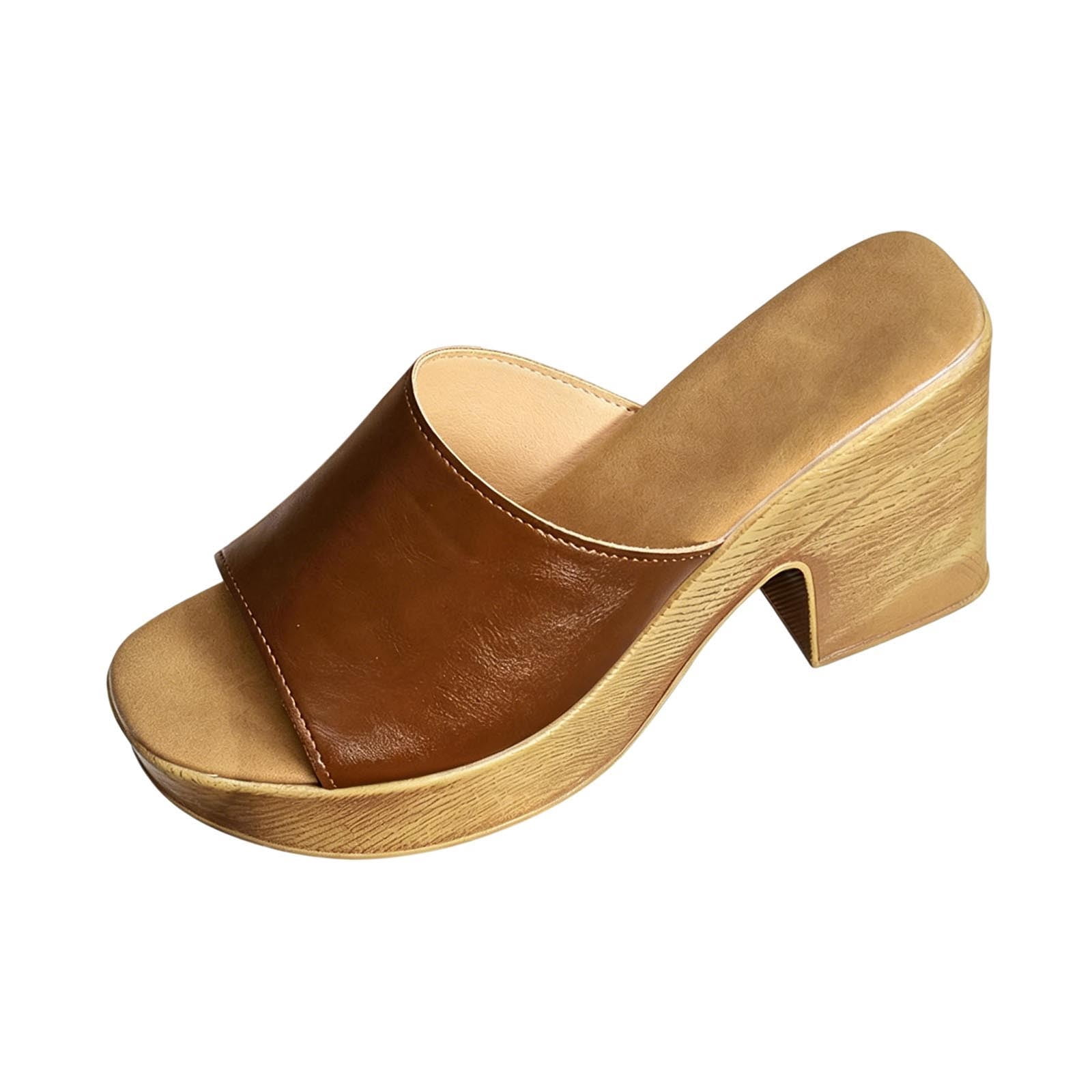 Brown Ladies Heel Slippers Open Toe Hollow Cut Roman Look Block Heel ...