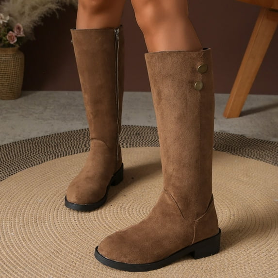 Brown Ladies Knee High Boots Side Zipper Soft Flock Material Solid ...