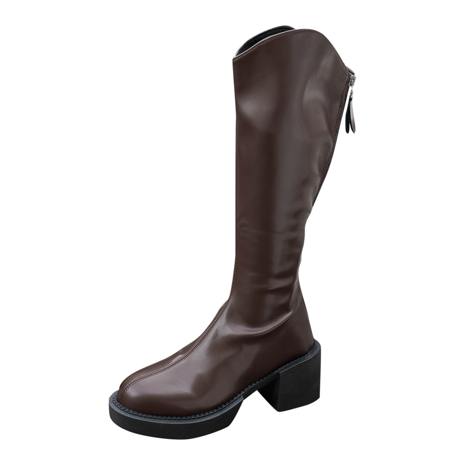Brown Ladies Knee-High Boots With Round Toe Back Zipper Thick Bottom ...