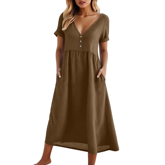 Brown Ladies Long Vneck Faux Linen Dresses for Juniors Short Sleeve ...