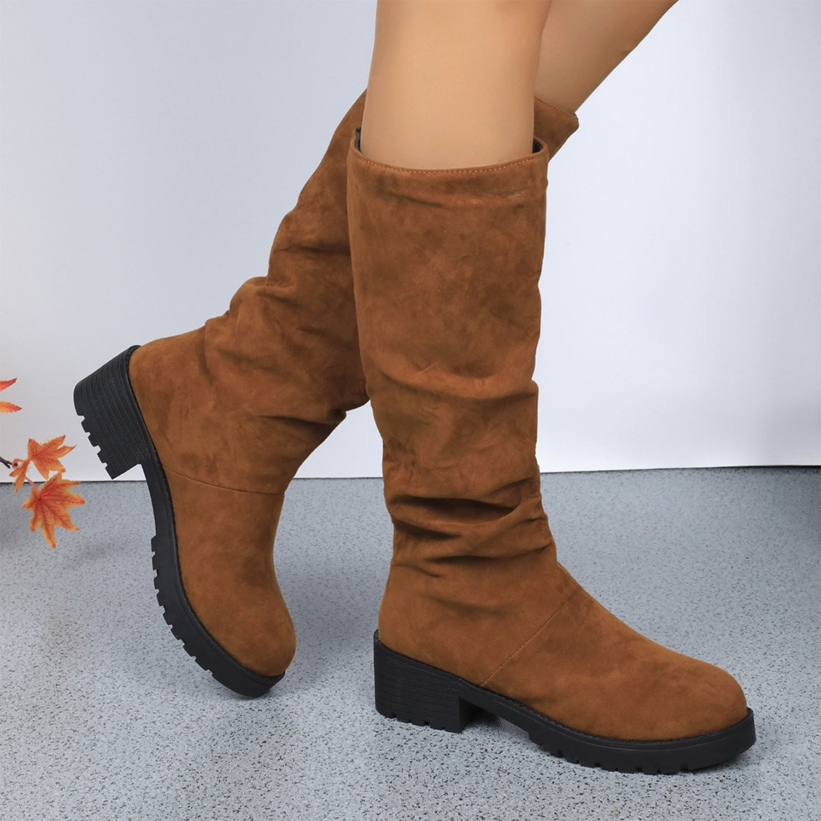 Brown Ladies Mid Calf Boots Chunky Heel Pleated Bootlegs Soft Suede ...