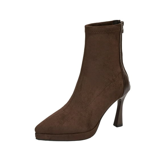 Brown Ladies Mid Calf Boots Pointed Toe With Slim Heel And Back Zipper ...