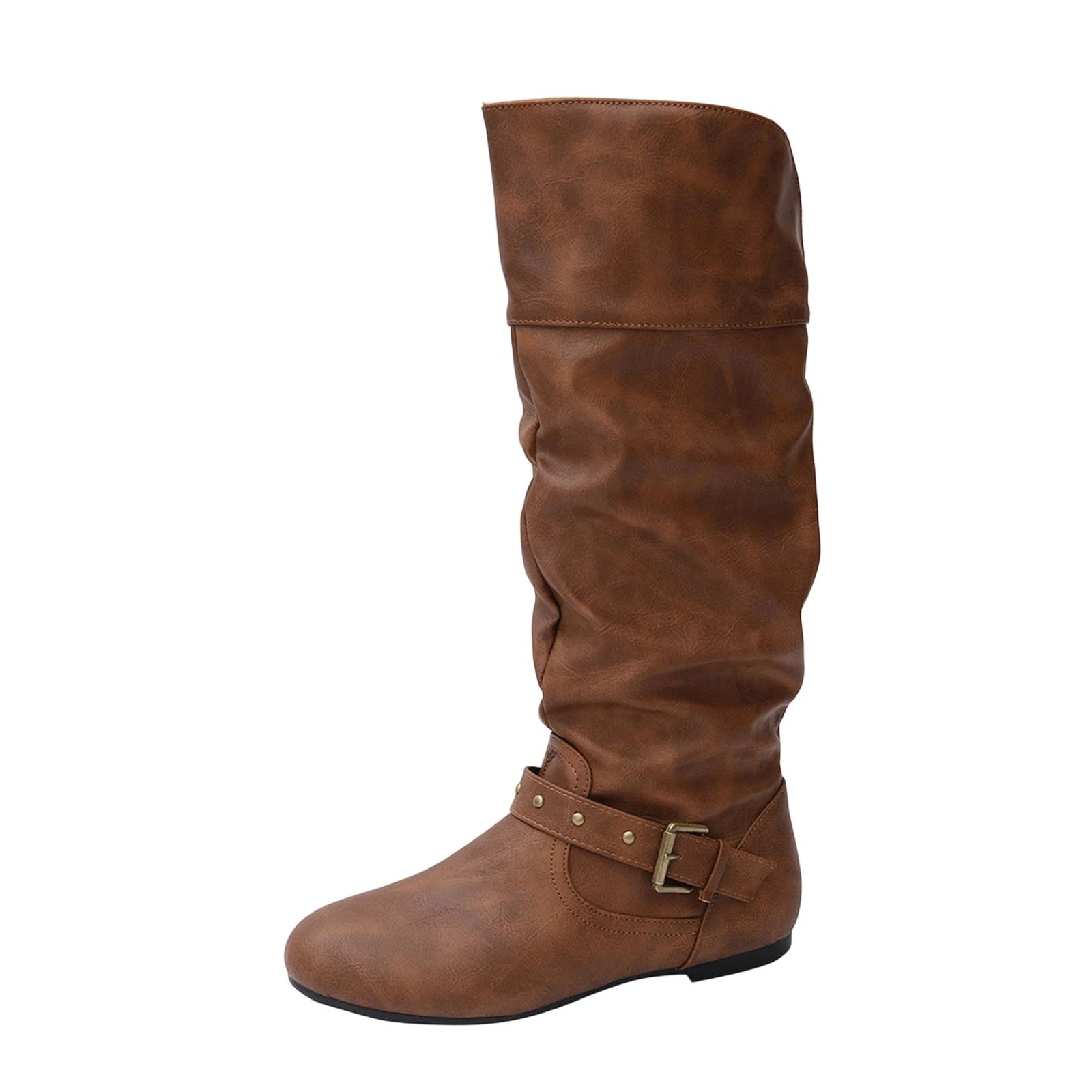 Brown Ladies Mid Calf Boots With Solid Color And Flat Heel For ...