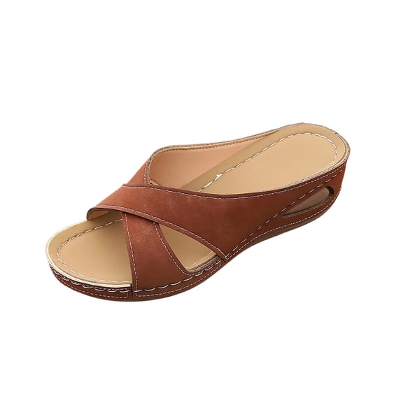 Brown Ladies Open Toe Wedge Slides With Thick Sole And Cushioned ...