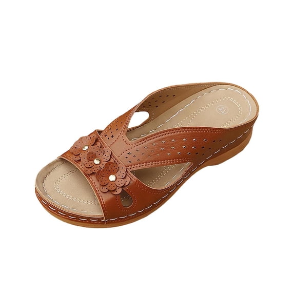 Brown Ladies Peep Toe Wedge Slippers Floral Decor Thick Sole ...