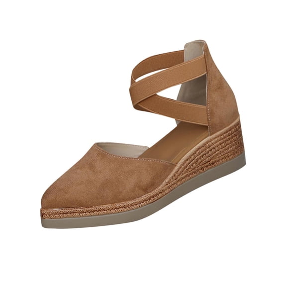 Brown Ladies Plus Size Wedge Sandals Platform Elastic Band Pointed Toe ...