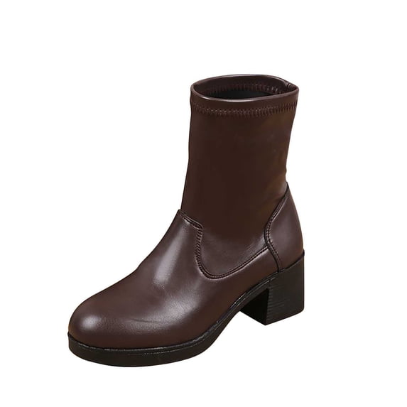 Brown Ladies Round Toe Casual Ankle Boots Low Heel Chunky Heel Short ...