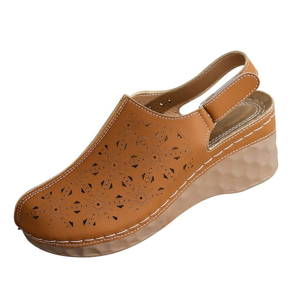 Brown Ladies Sandals Floral Cut Out Wedge Adjustable Ankle Strap With ...