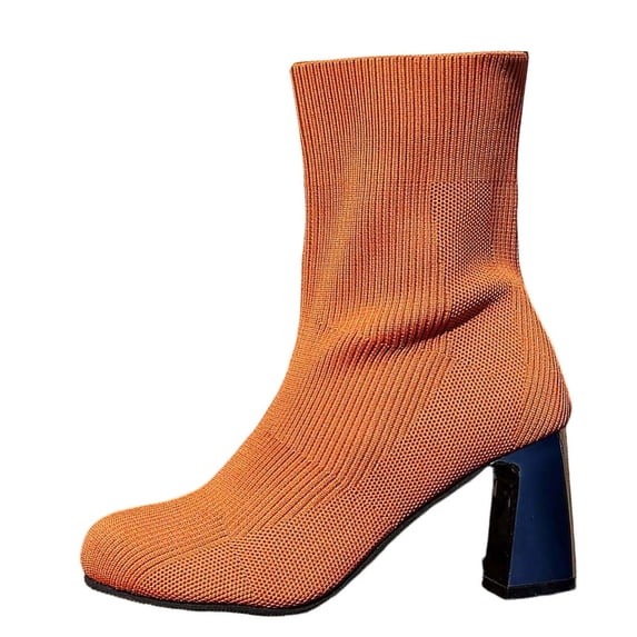 Brown Ladies Square Toe Knitted Mid Calf Boots With Thick Heel For A ...