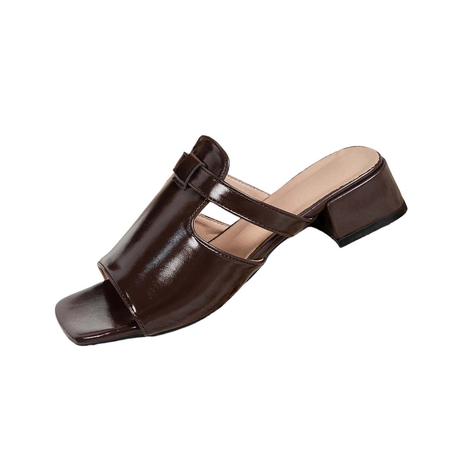 Brown Ladies Square Toe Slippers Plus Size Open Toe Low Chunky Heel ...