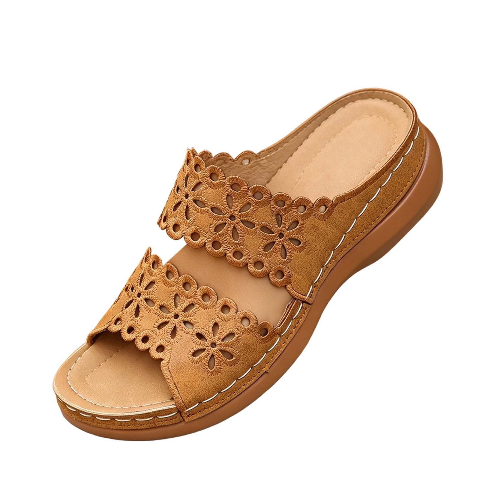 Brown Ladies Summer Carving Wedge Heel Slippers Pure Color Plus Size Pu ...