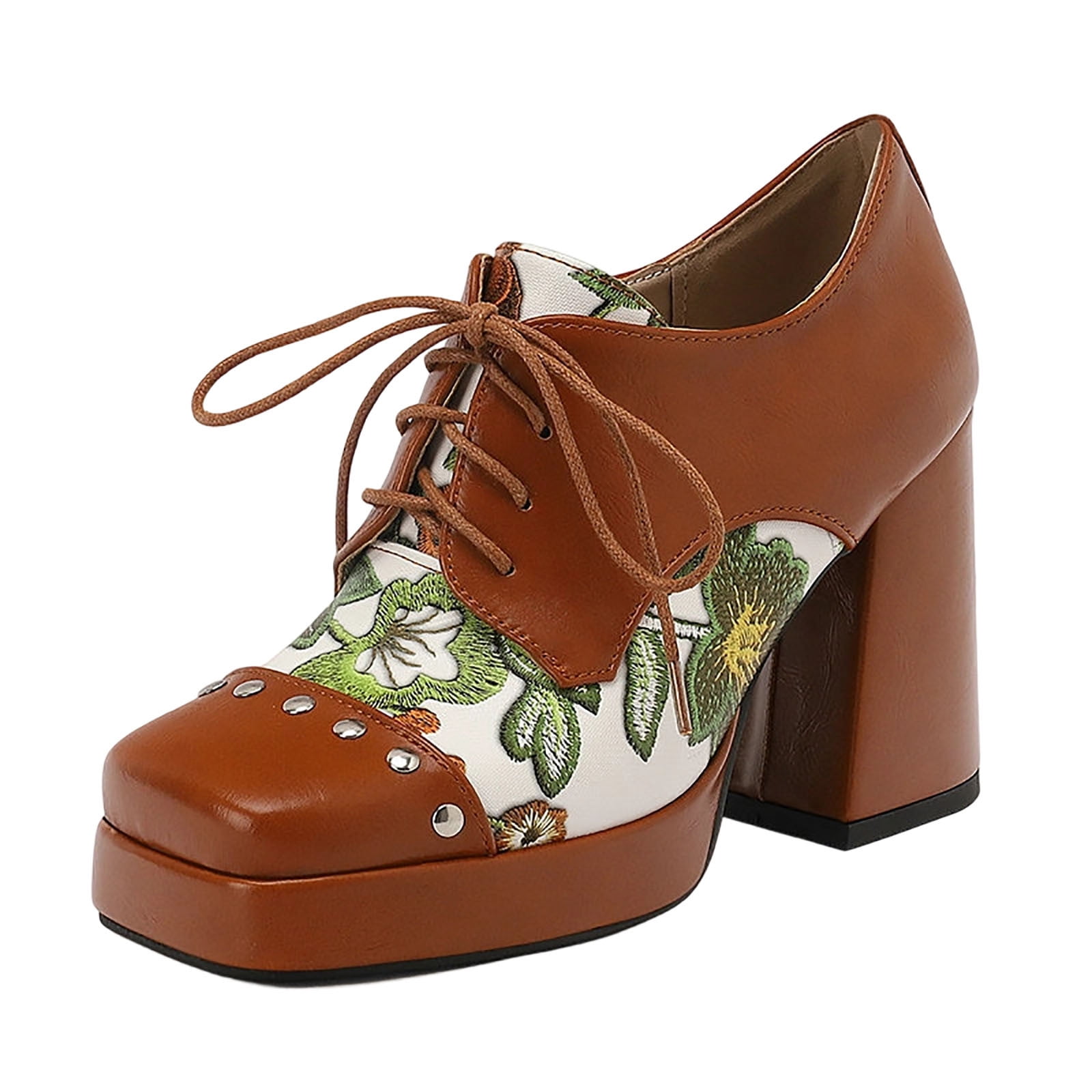 Brown Ladies Thick Sole High Heel Shoes With Floral Patterns Color ...
