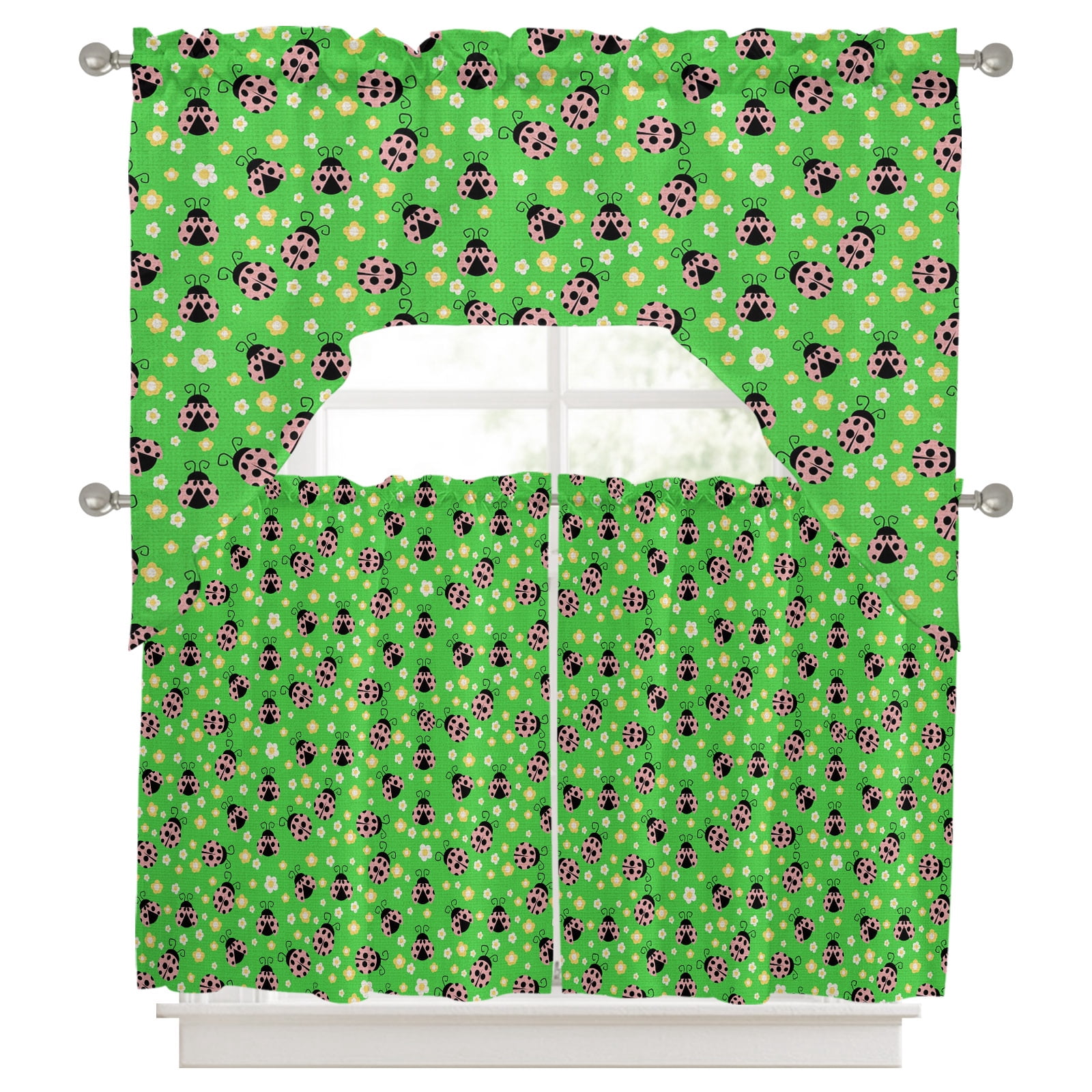 Brown Ladybugs Kitchen Curtains Swag Valance and Tier Curtains Set 24 ...