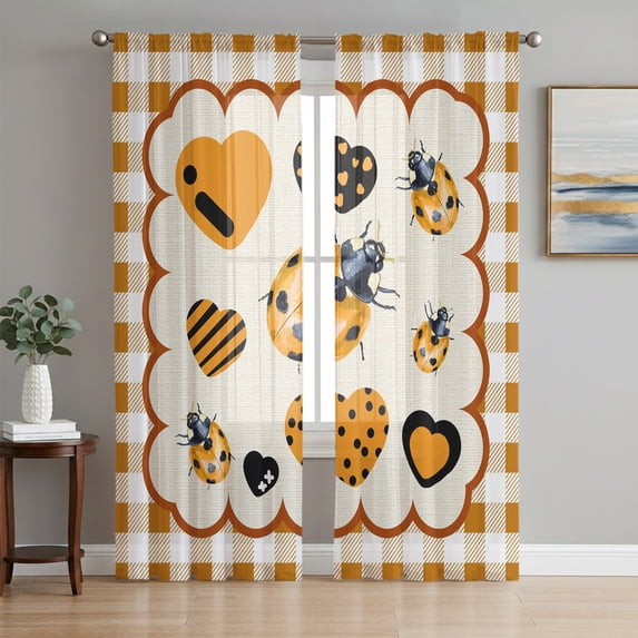 Brown Ladybugs Sheer Curtains 84 Inch Length 2 Panels Set, Modern ...