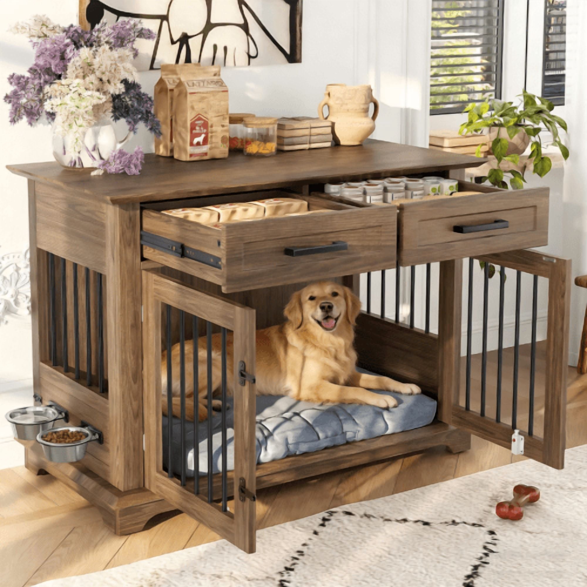 Brown Large Dog Crate Furniture 44.48" Indoor Wooden Dog Kennel End ...