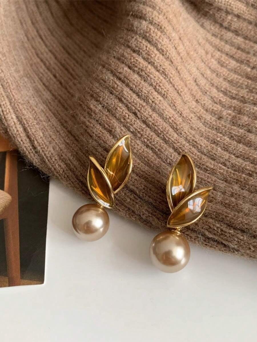 Brown Leaf And Faux Pearl Drop Earrings For Women, Goldtone Metal ...