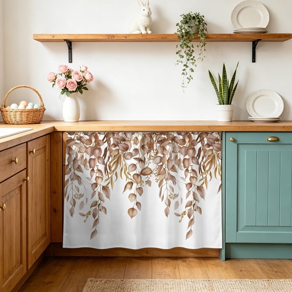 Brown Leaf Cabinet Curtains 28" W x 35" L Eucalyptus Leaves Spring ...