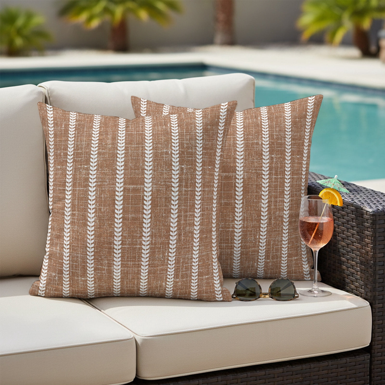 Brown Leaf Striped Outdoor Throw Pillow Covers Set of 2, Industrial ...