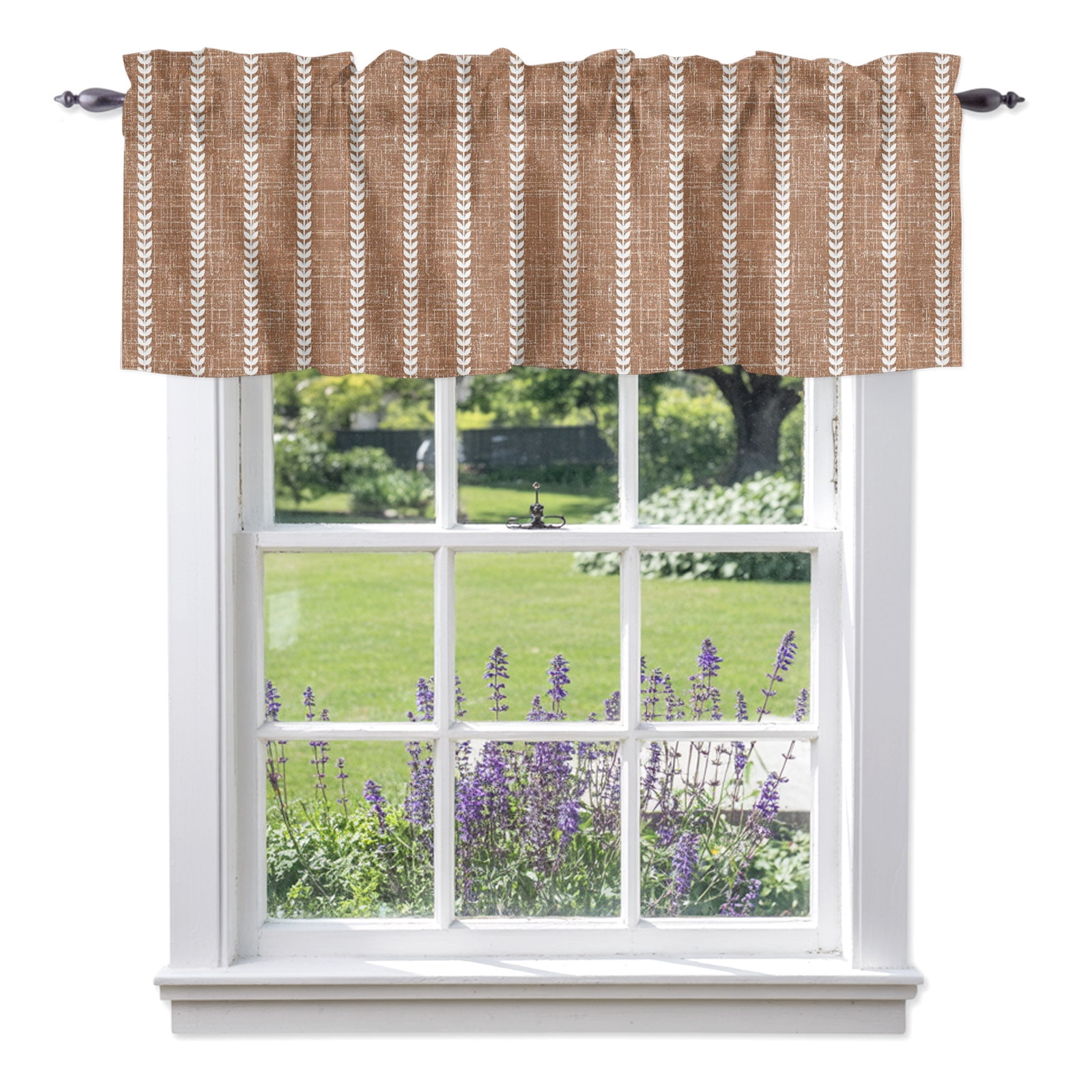 Brown Leaf Striped Valances for Windows, Industrial Khaki Linen Texture ...