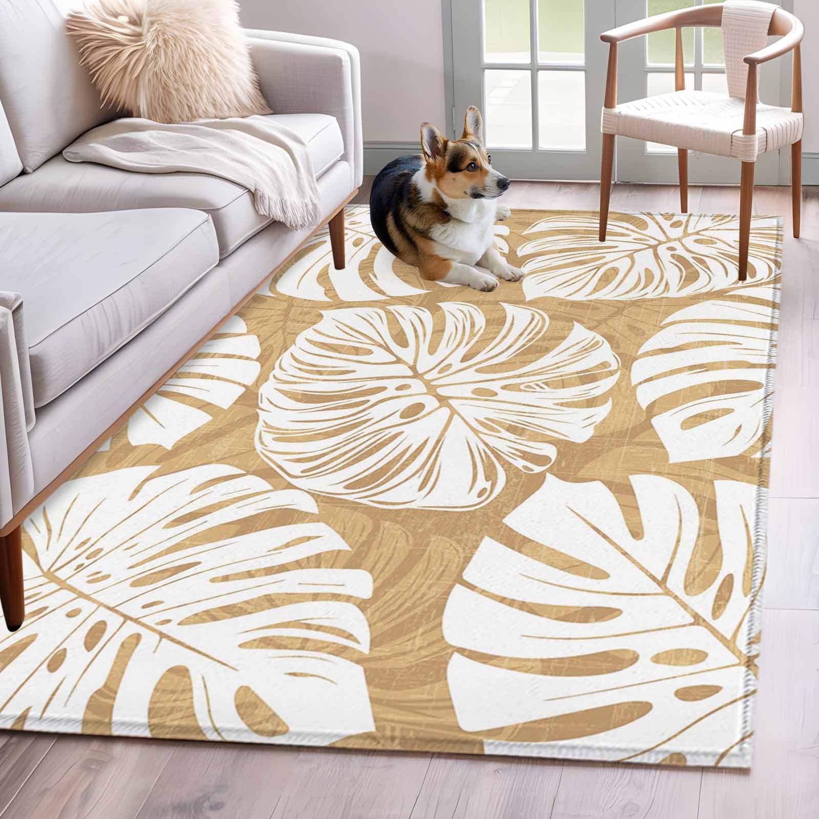 Brown Leaf Washable Area Rug 4x6 Tropical Country Watercolor Jungle ...