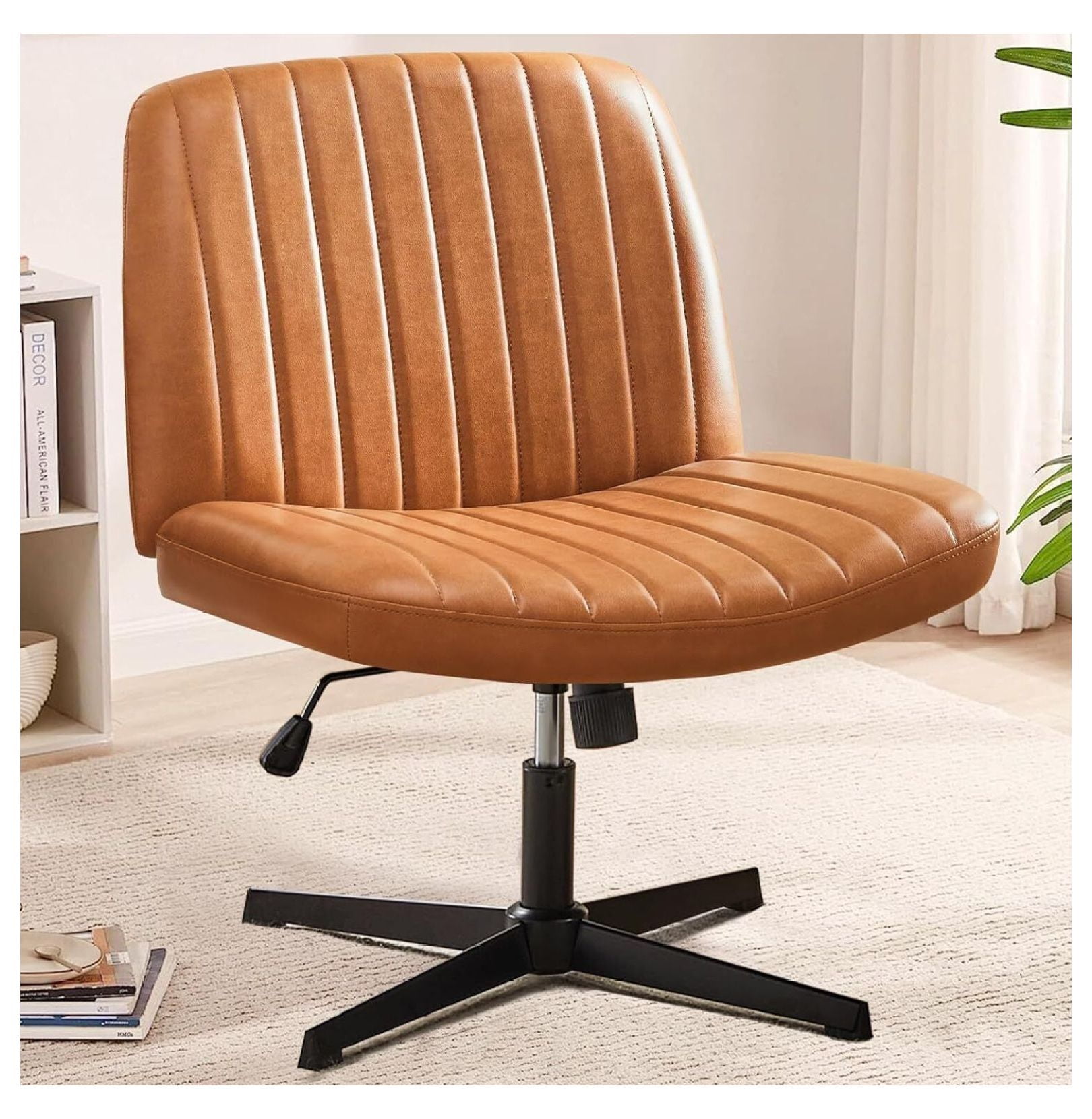 Brown Leather Armless Cross Legged Home Office Chiar Vanity Modern ...