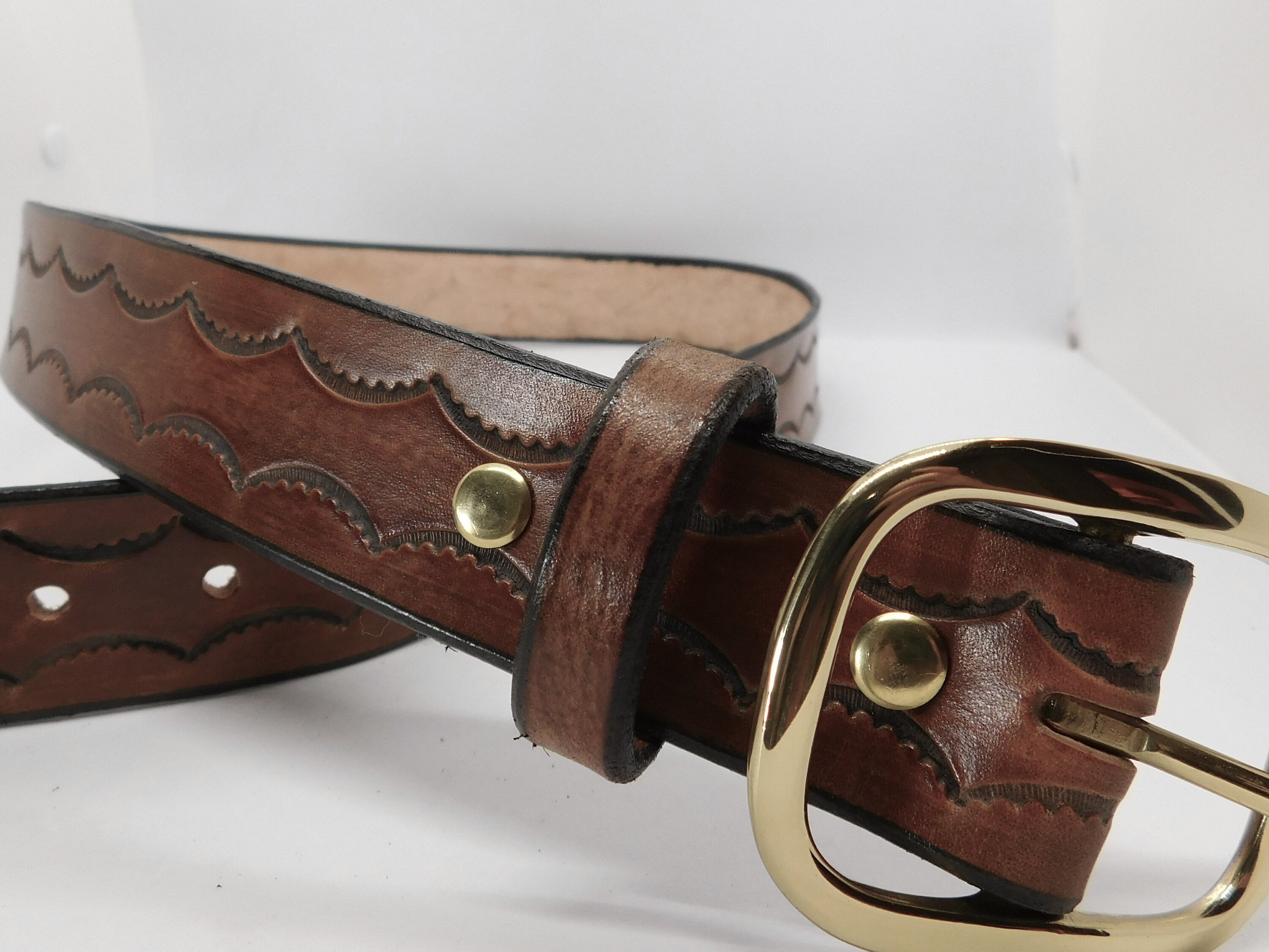 Brown Leather Belt 1 1/2 inch wide, border tool, brown with solid brass ...