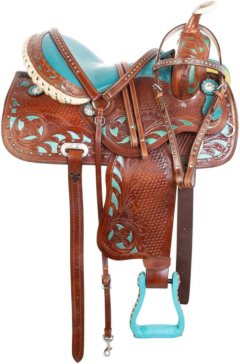 Brown Leather Floral Tooled Western Barrel Horse Saddle Tack Set 10 ...