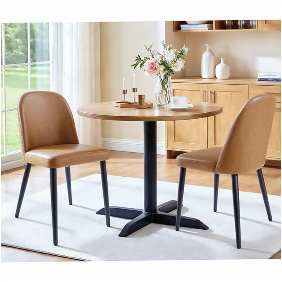 Brown Leather Look Dining Chairs Set of 2, Metal Frame Armless Side ...