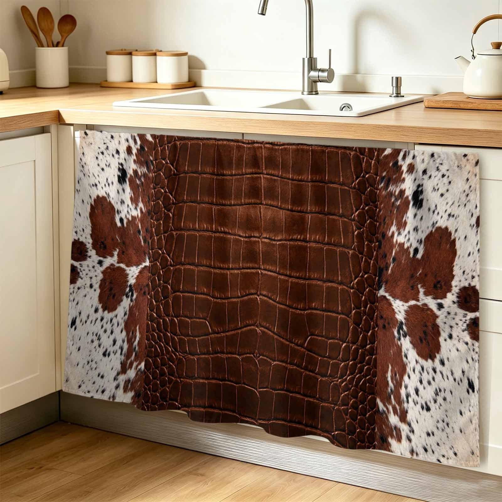 Brown Leather Print Cabinet Curtain 28"W x 51"L, Modern Art Animals ...